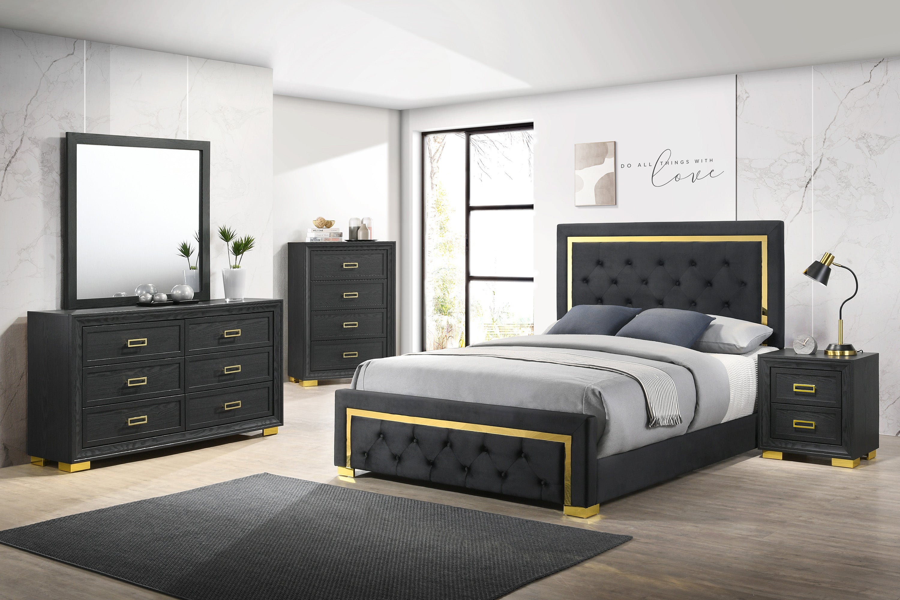 Pepe Black/Gold Panel Upholstered Bedroom Set – SAMS MATTRESS & FURNITURE
