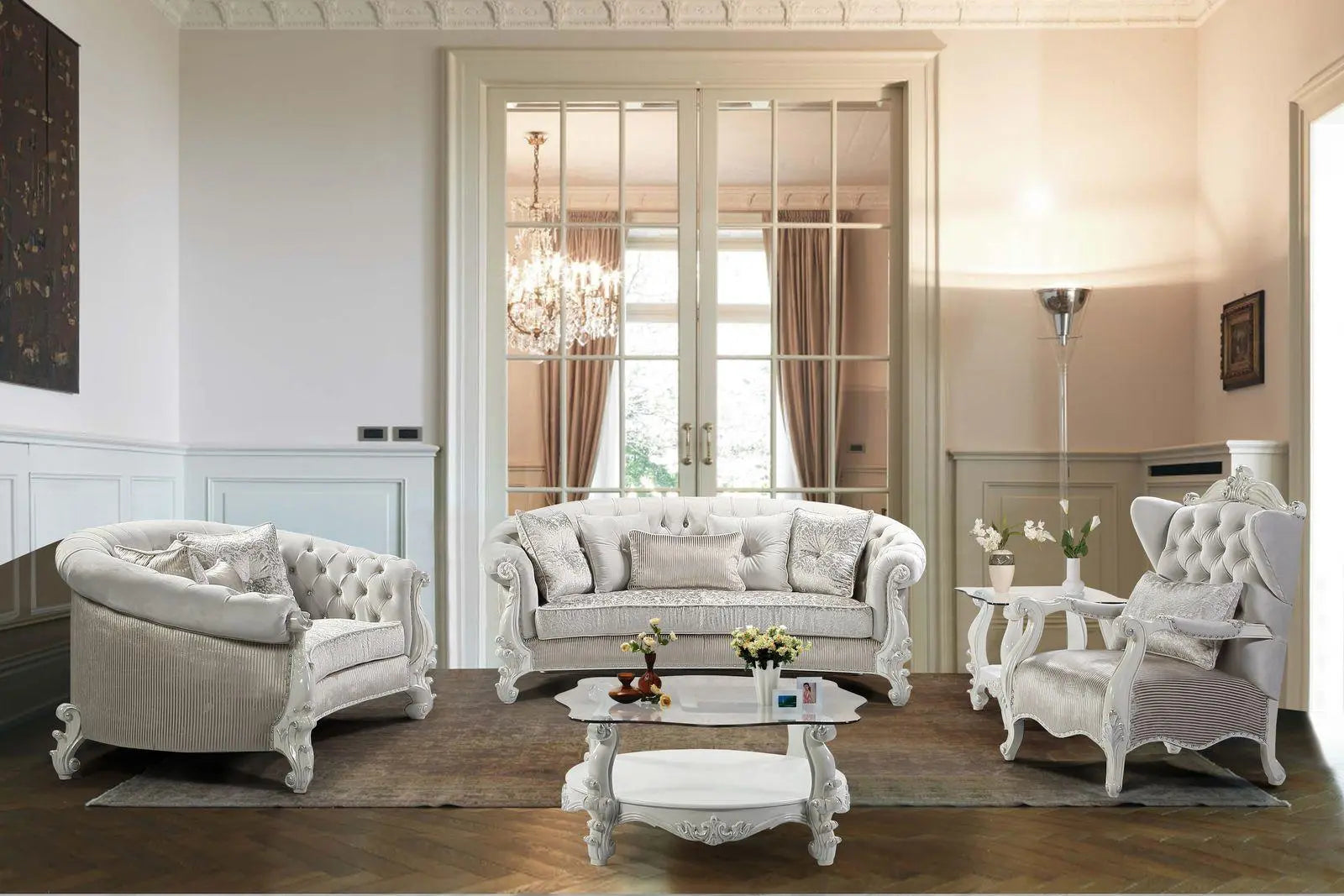 Juliana Traditional Sofa and Loveseat in Pearl White Wood Finish by Co ...