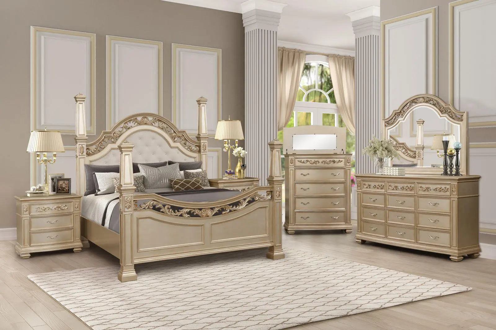 Valentina 6Pc Traditional Bedroom Set in Gold Finish by Cosmos Furnitu ...