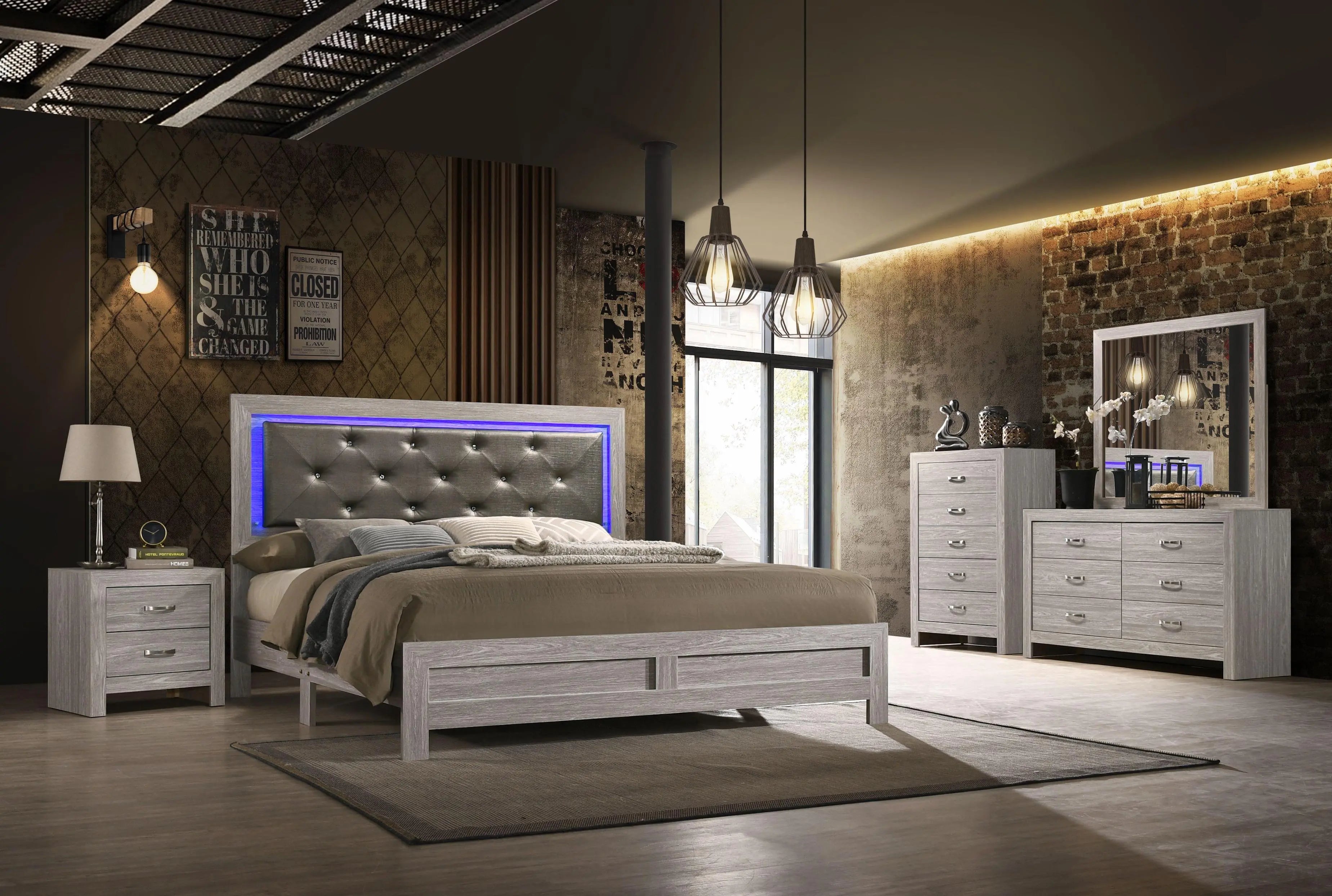 Yasmine White 6Pc Modern Bedroom Set in Gray Finish by Cosmos Furnitur ...
